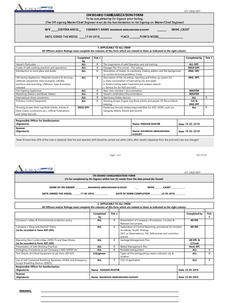 Ast.213.01 - On Board Familiarization Form | PDF | Ships | Water Transport