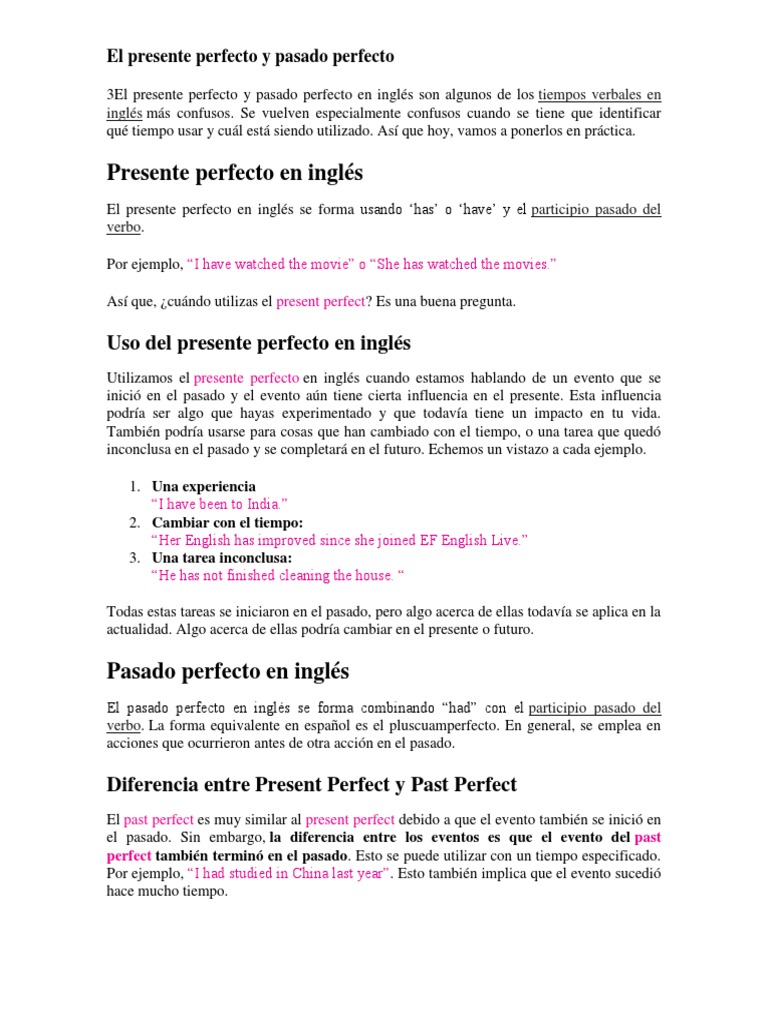 El Presente Perfecto y Pasado Perfecto | PDF