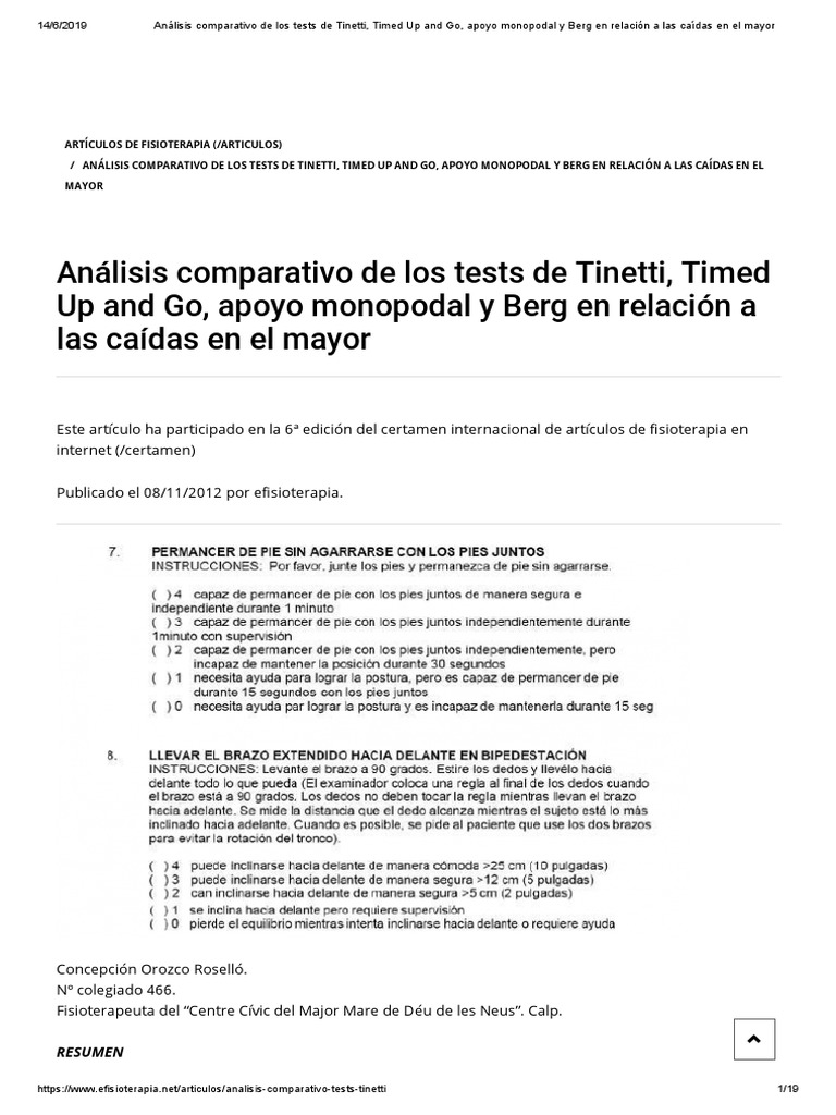 Análisis Comparativo de Los Tests de Tinetti, Timed Up and Go, Apoyo ...