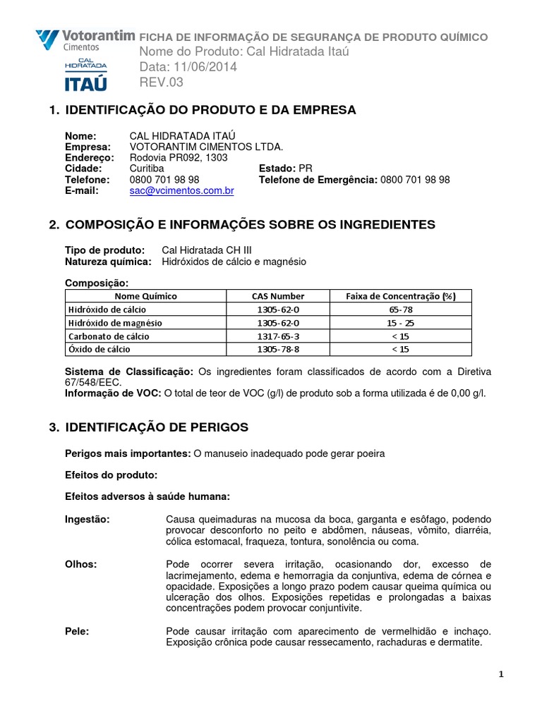 FISPQ Cal Hidratada Itaú: Segurança e Manuseio | PDF | Embalagem e ...