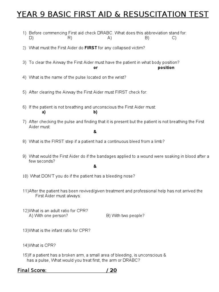 Year 9 Basic First Aid Exam Resus | PDF | First Aid | Cardiopulmonary ...