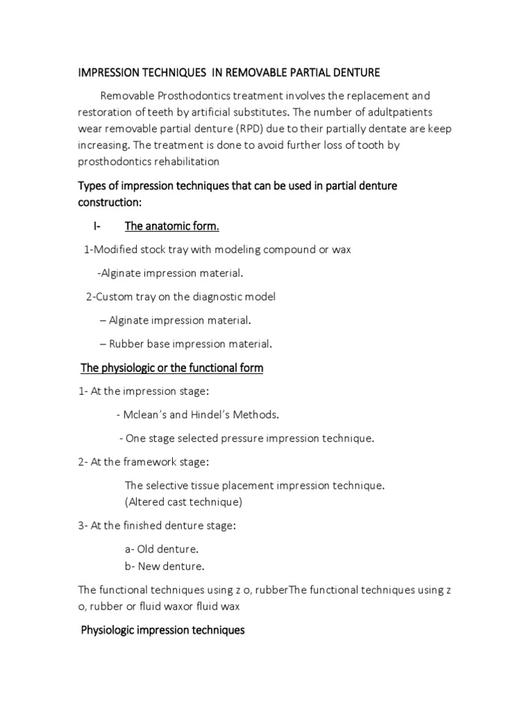 Impression Techniques in Removable Partial Denture | PDF | Dentures | Dentistry Branches