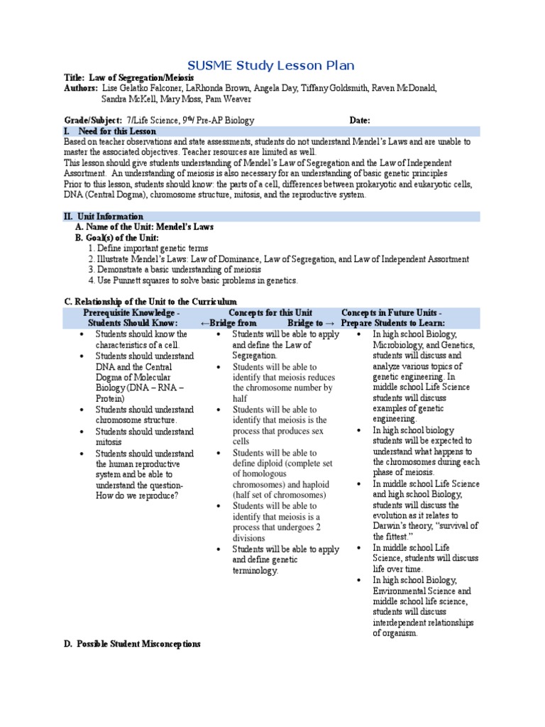 Law of Segregation-Meiosis Lesson Plan | PDF | Genetics | Reproduction