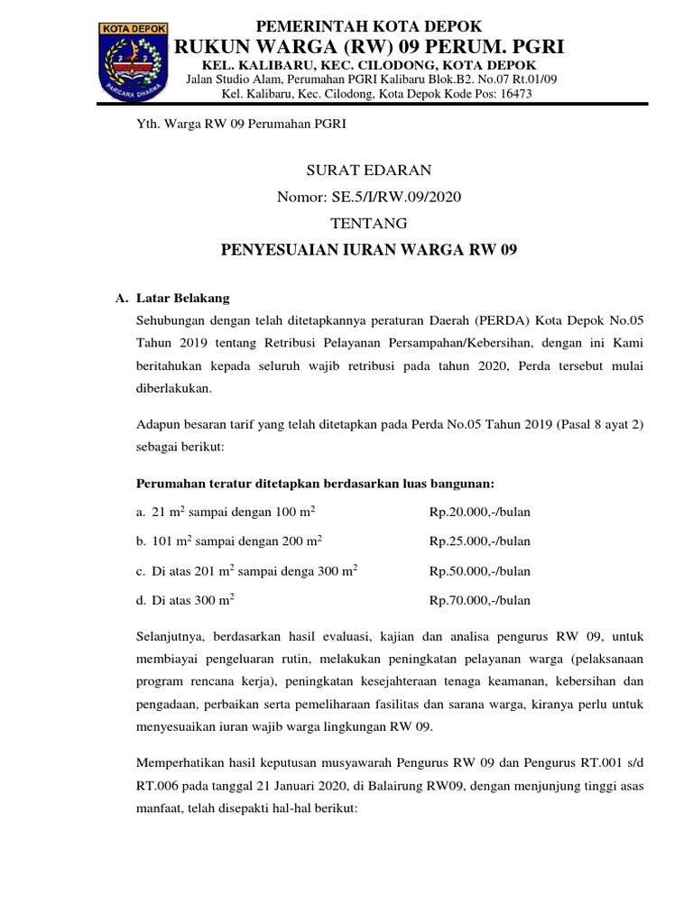Surat Edaran Penyesuaian Iuran Warga 2020 | PDF