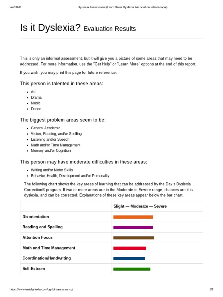 Dyslexia Assessment (From Davis Dyslexia Association International) | PDF | Dyslexia | Clinical ...