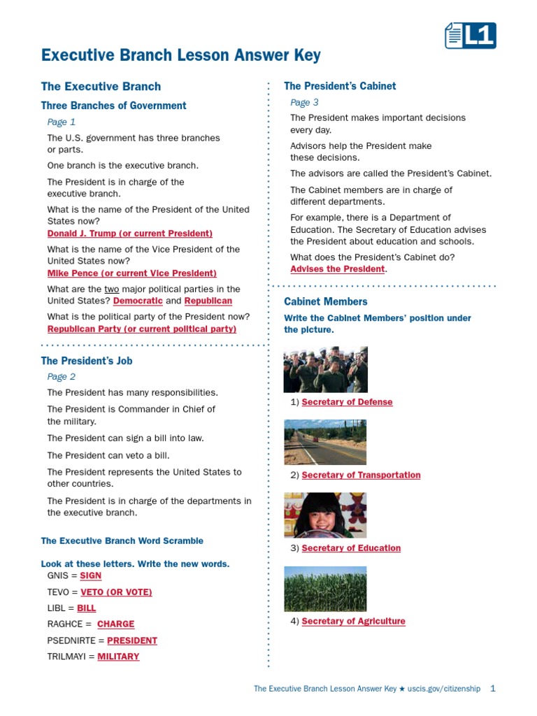 Executive Branch Answer Key | PDF | Vice President Of The United States ...