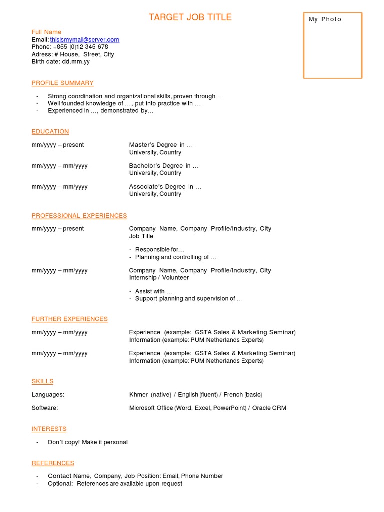 Khmer CV Template for Job Applications | PDF