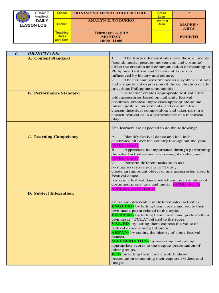 Grade 7 Festival Dance Lesson Plan | PDF | Dances | Costume