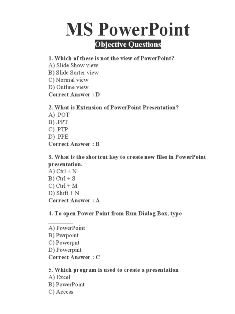PowerPoint Objective Questions MCQ | PDF | Microsoft Power Point | Page ...
