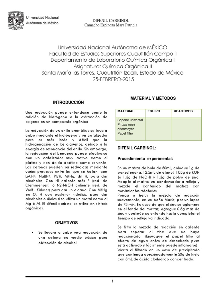 Reporte de Difenil Carbinol | PDF | Alcohol | Hidrogenación