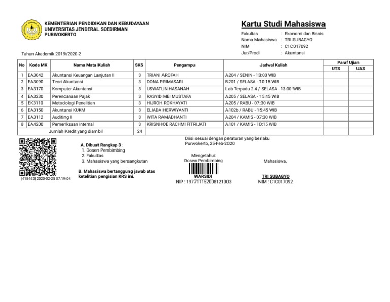 Kartu Studi Mahasiswa Unsoed 2019/2020 | PDF