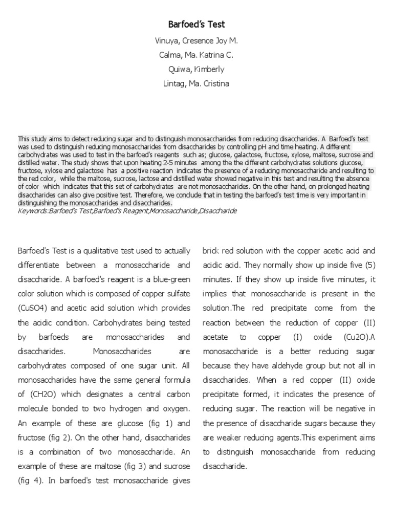 Barfoeds Test | PDF | Carbohydrates | Organic Compounds