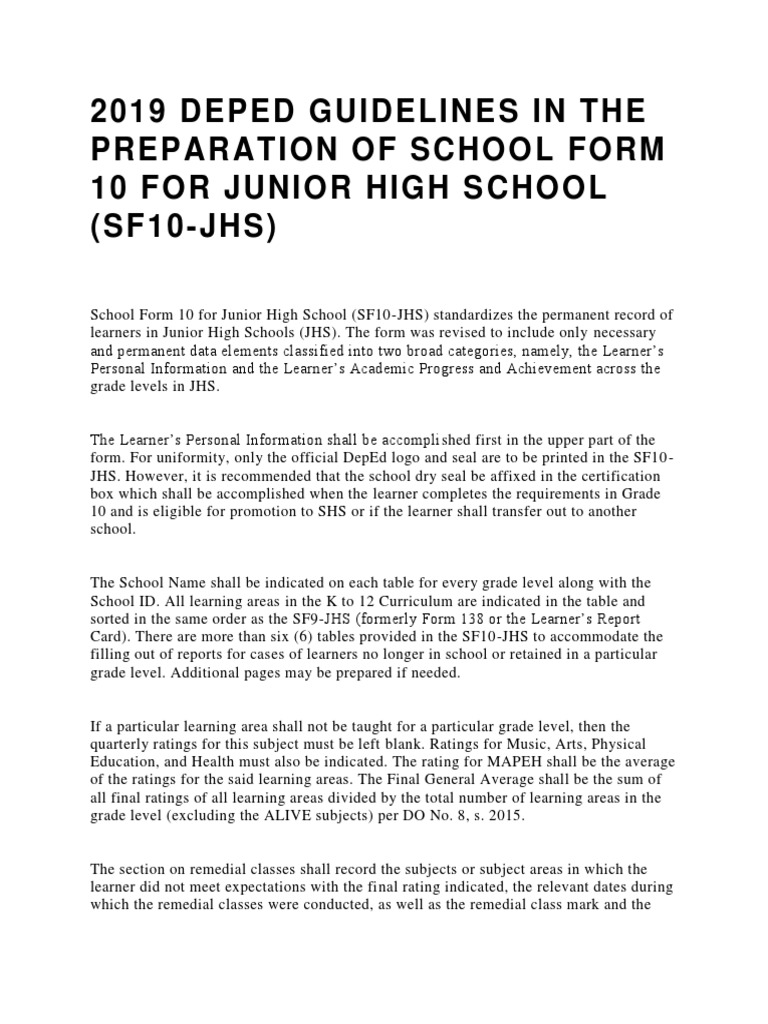 Guidelines for Preparing and Maintaining the School Form 10 for Junior ...
