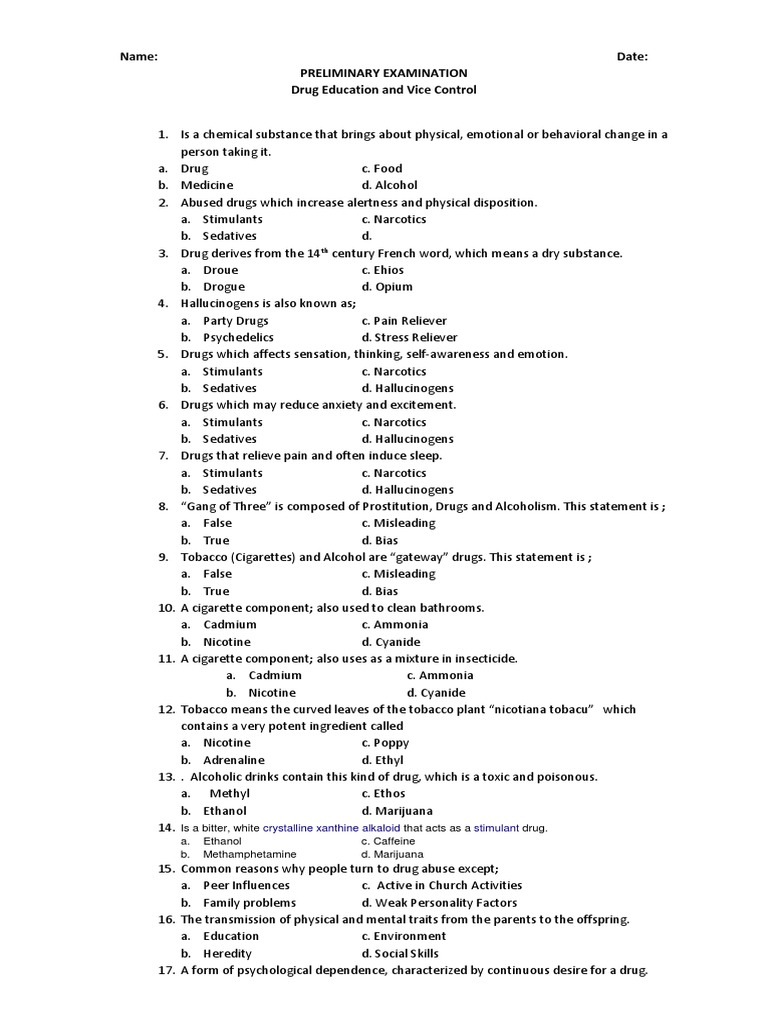 Drugs Preliminary Exam | PDF | Narcotic | Drugs