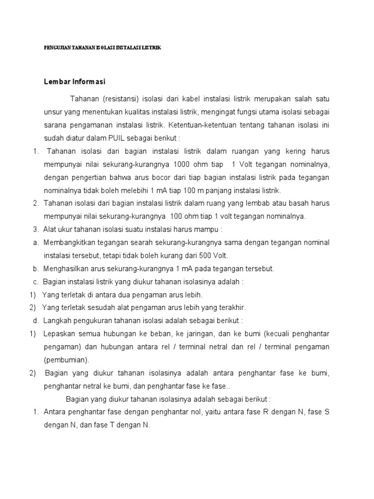 PENGUJIAN TAHANAN ISOLASI INSTALASI LISTRIK. Lembar Informasi | PDF PENGUJIAN TAHANAN ISOLASI INSTALASI LISTRIK. Lembar Informasi | PDF