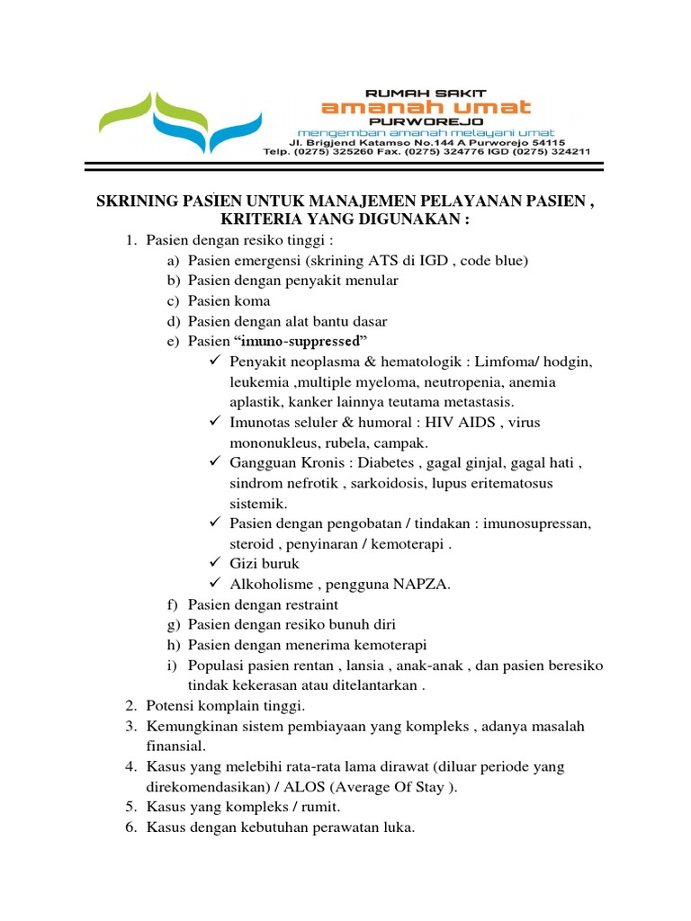 Skrining Pasien Untuk Manajemen Pelayanan Pasien | PDF | Sains & Matematika