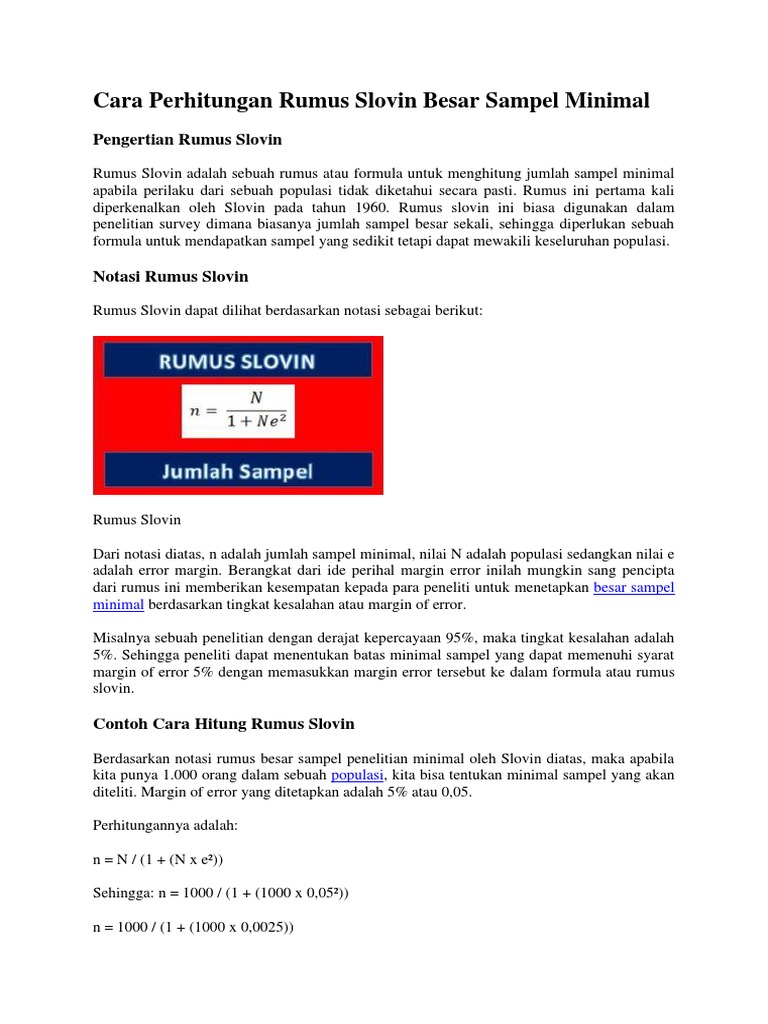 Cara Perhitungan Rumus Slovin Besar Sampel Minimal | PDF