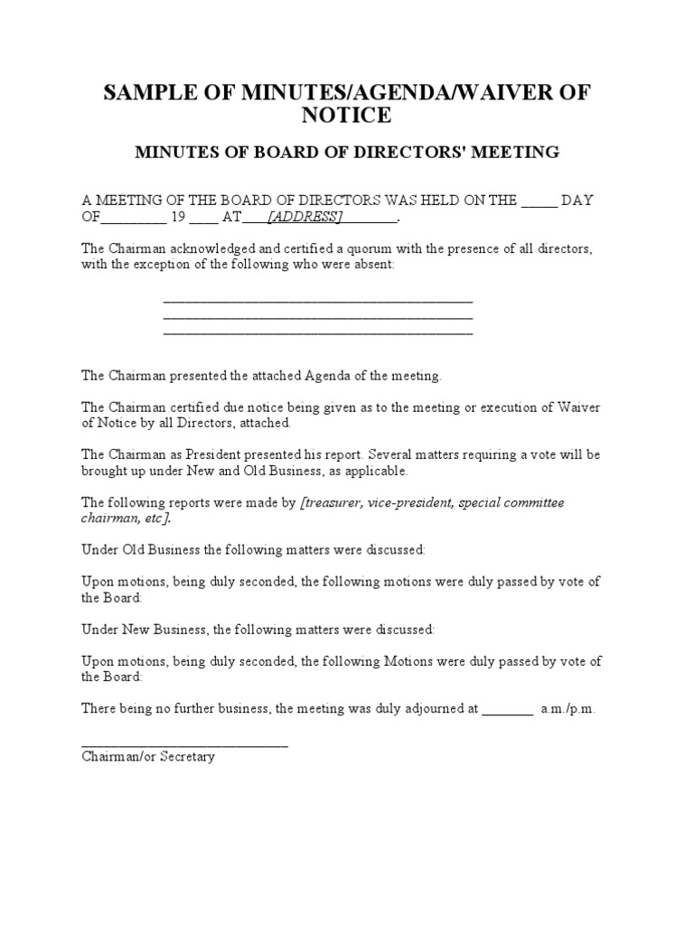 Sample of Minutes/Agenda/Waiver of Notice | PDF | Board Of Directors ...
