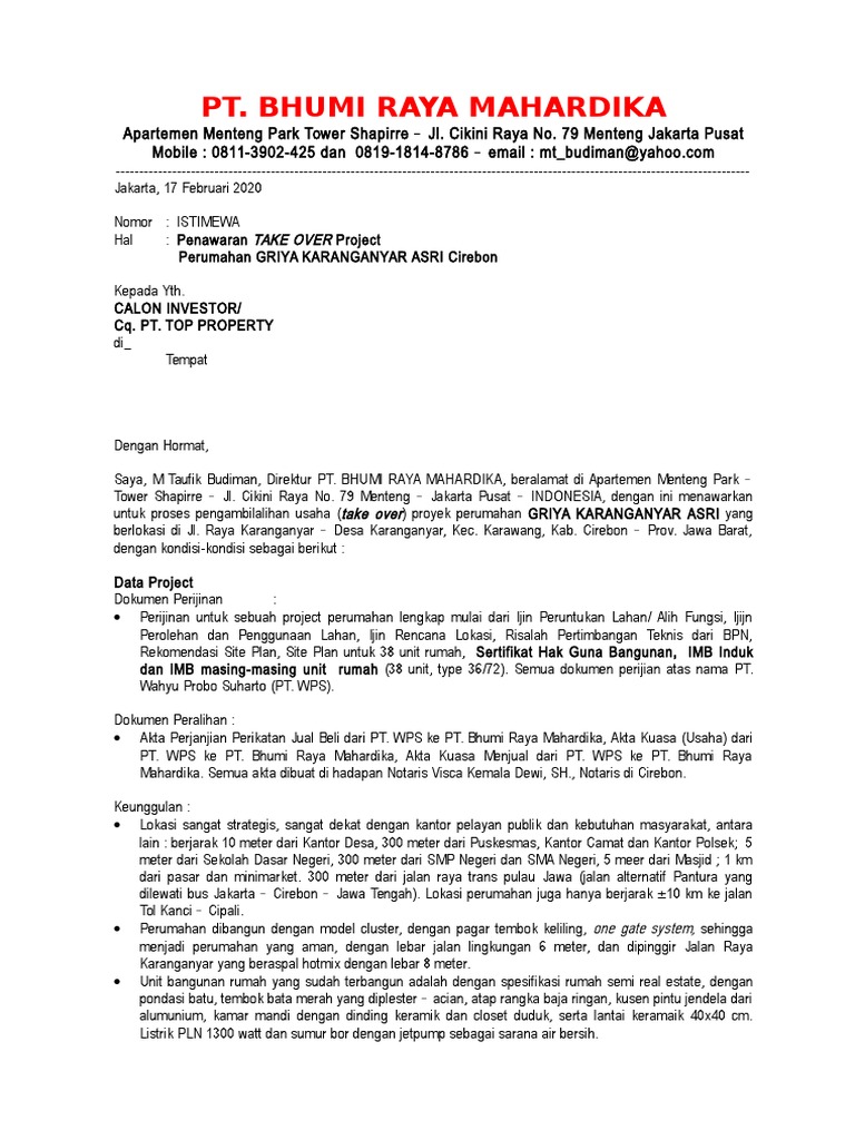 Surat-Take Over GKA Cirebon - 17feb2020 | PDF | Griya & Taman