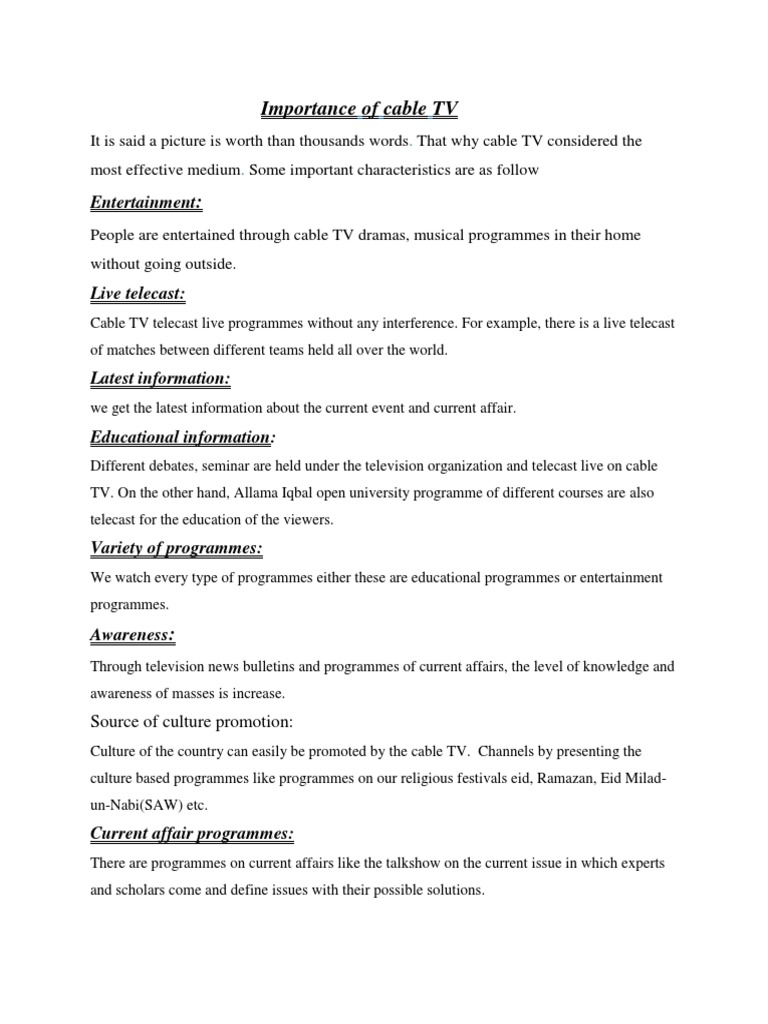 Importance of Cable TV | PDF | Cable Television | Television