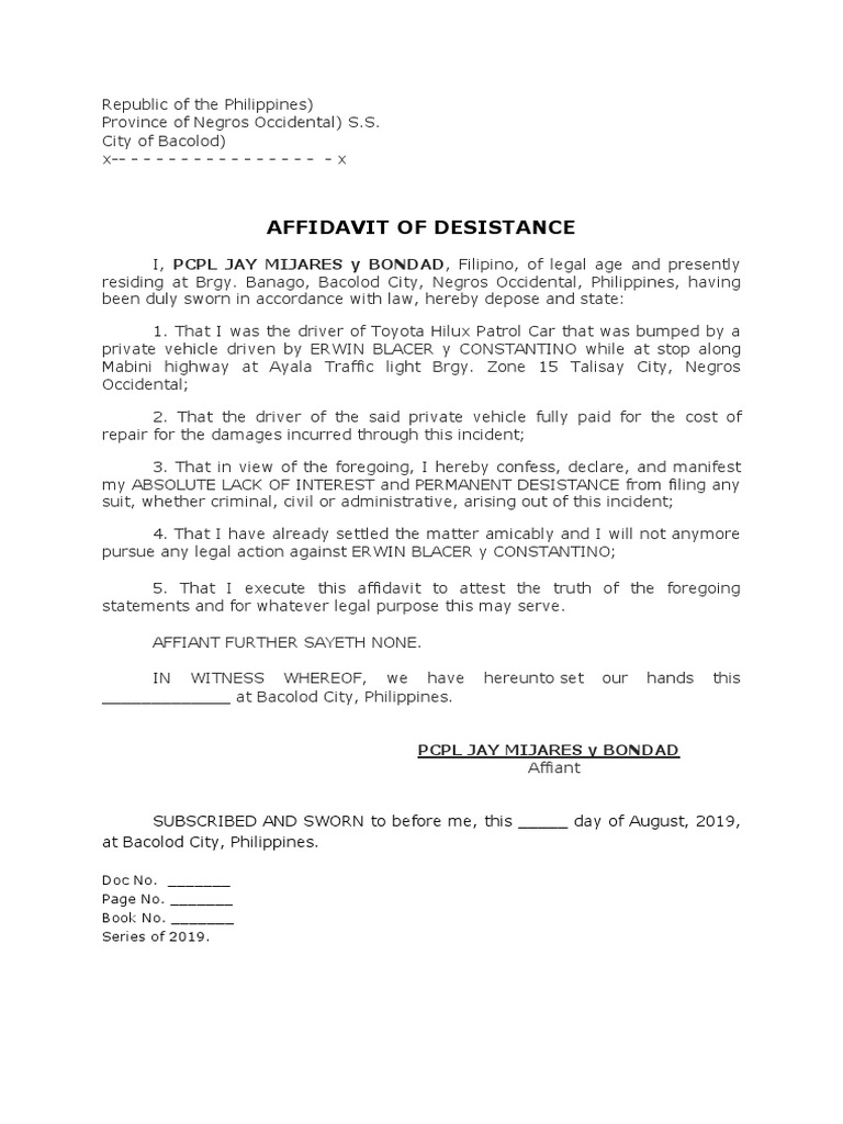 Affidavit of Desistance