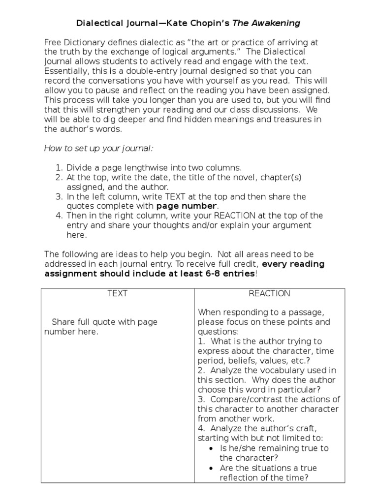 Dialectical Journal for The Awakening | PDF | Dialectic | The Awakening ...