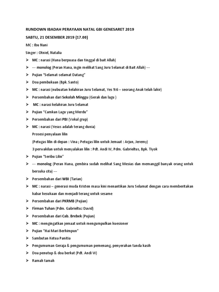 Rundown Ibadah Perayaan Natal Gbi Genesaret 2019 | PDF