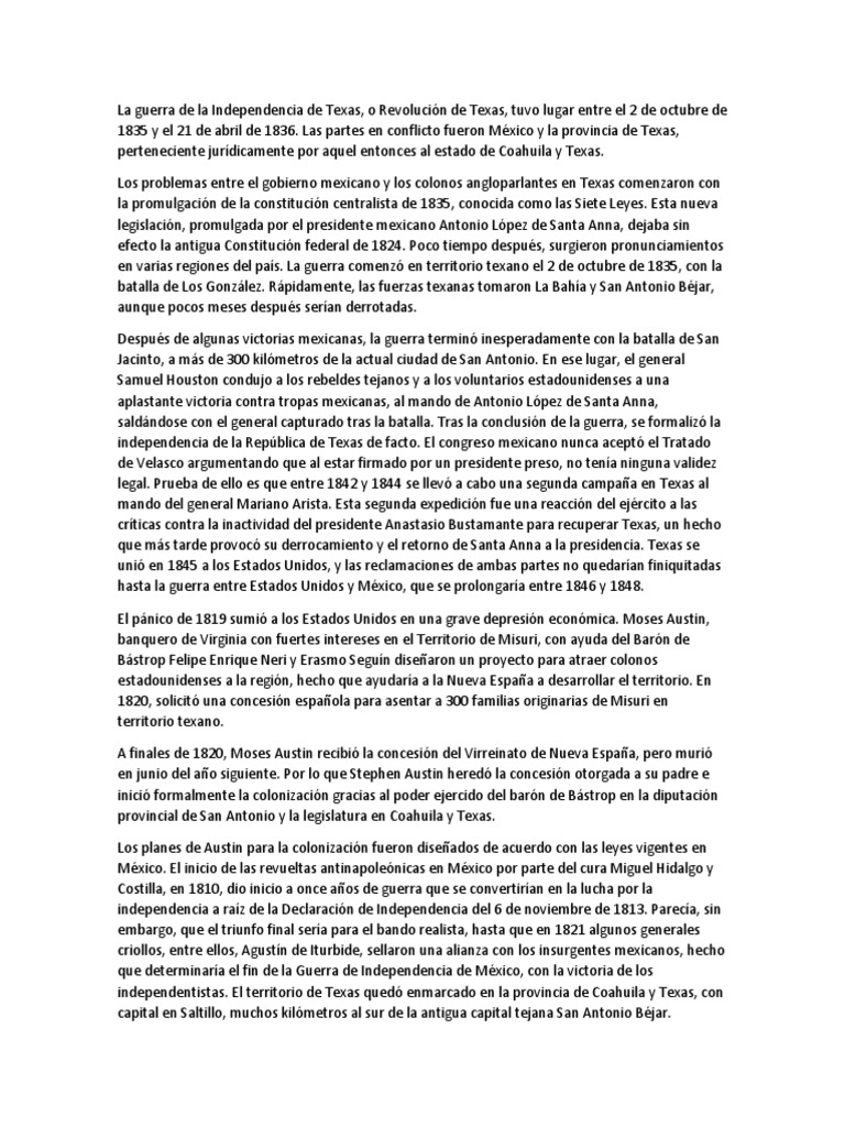 La Guerra de La Independencia de Texas | PDF | Revolución de Texas ...