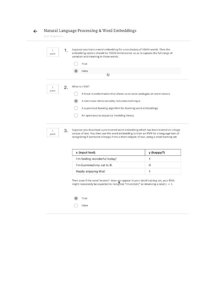 Course 5 - Week 2 - Quiz - Natural Language Processing - Word Embeddings | PDF