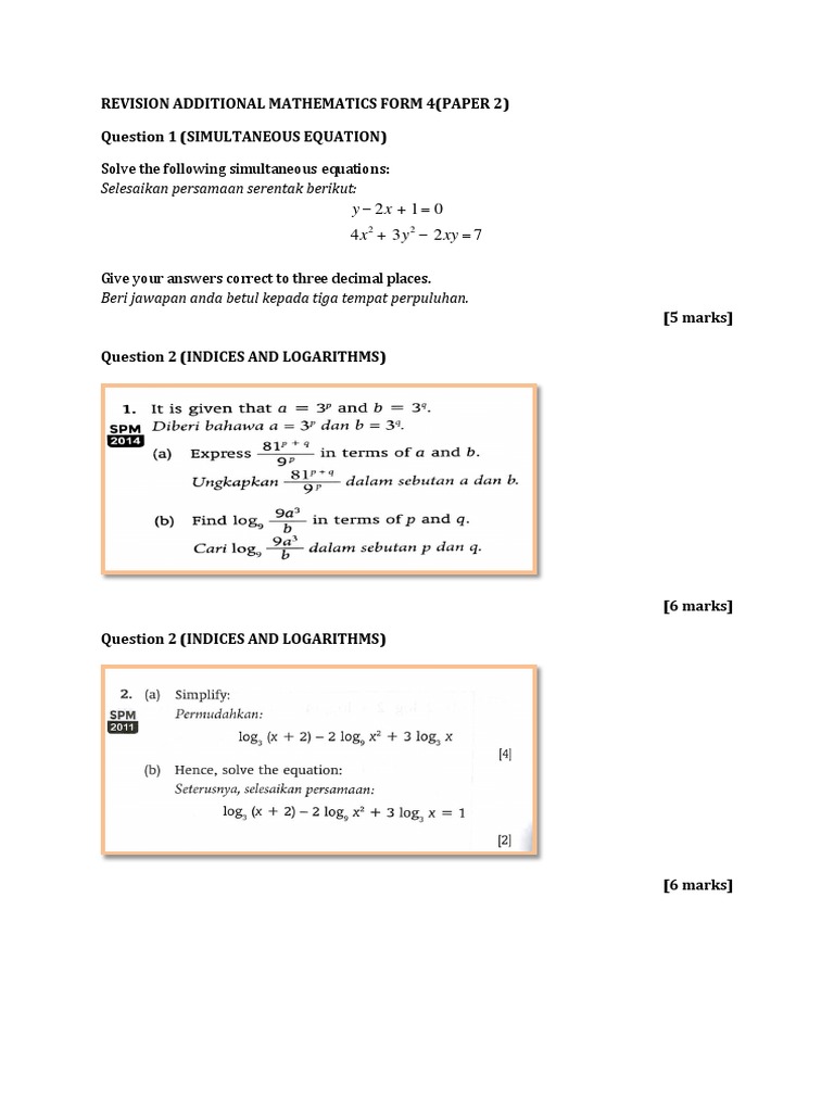 Revision Additional Mathematics Form 4 | PDF