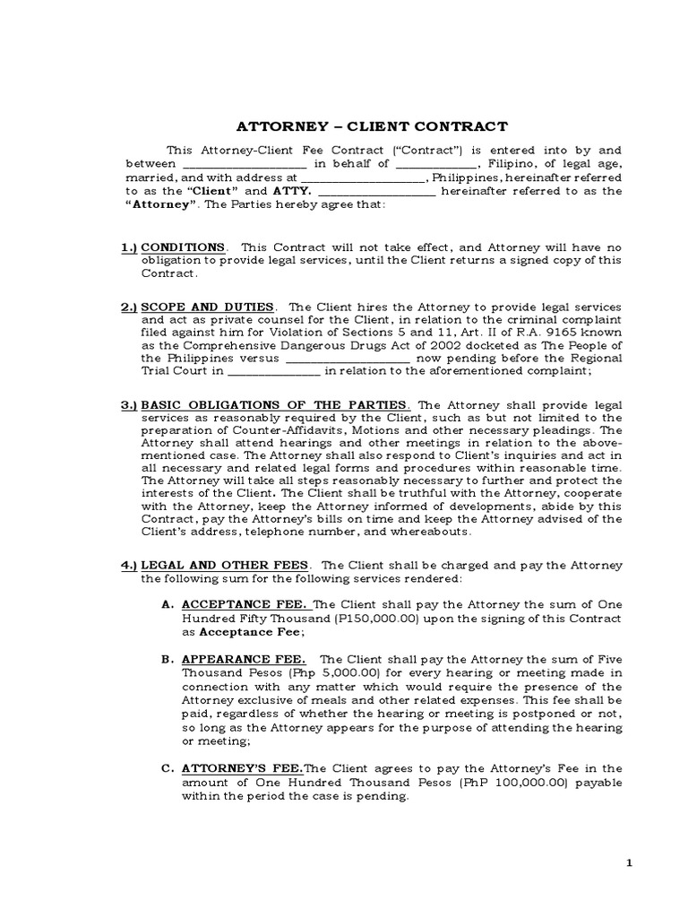 Attorney-Client Contract - Sample | PDF | Lawyer | Fee