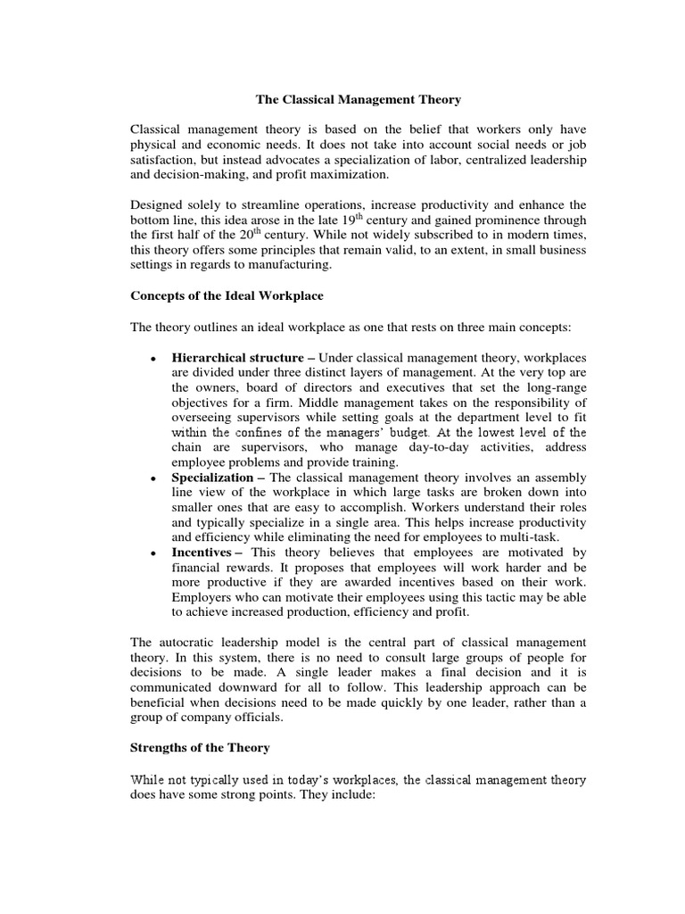 The Classical Management Theory | PDF | Leadership | Incentive