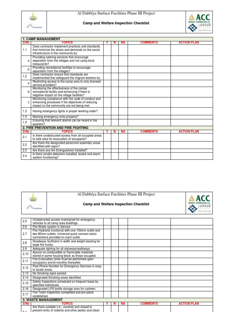 Contractor Camp Safety Audit | PDF | Refrigerator | Kitchen Utensil