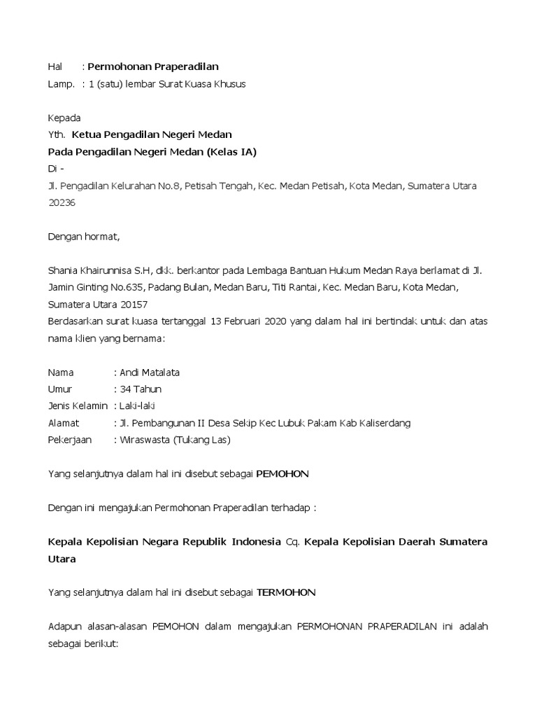 Permohonan Pra Peradilan Oleh Kuasa Huku | PDF