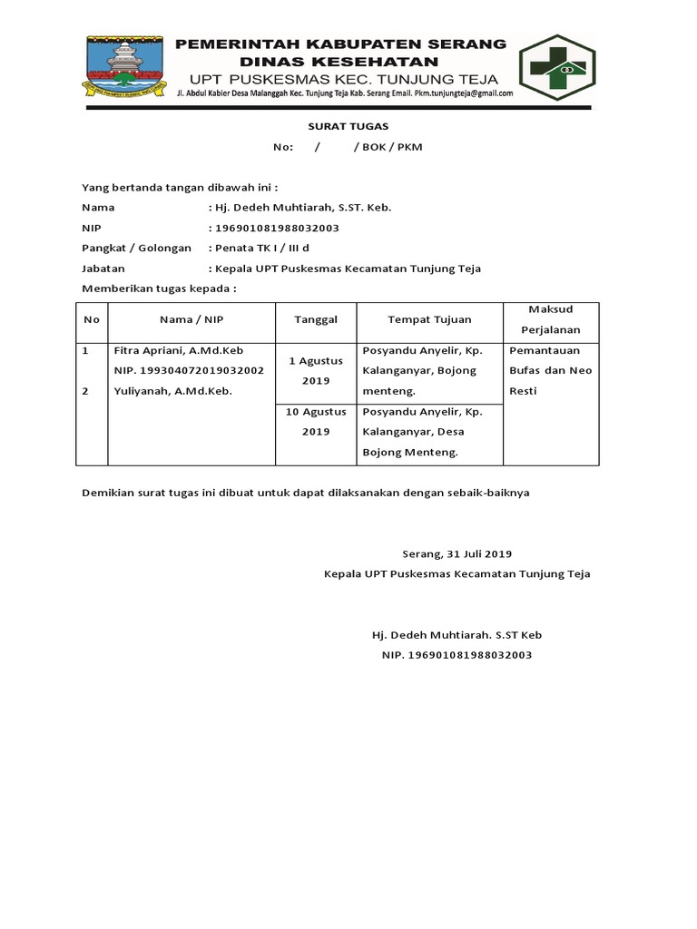 Surat Tugas Dan Visum Kegiatan Bufas Dan Neo Resti - Agustus 2019 | PDF
