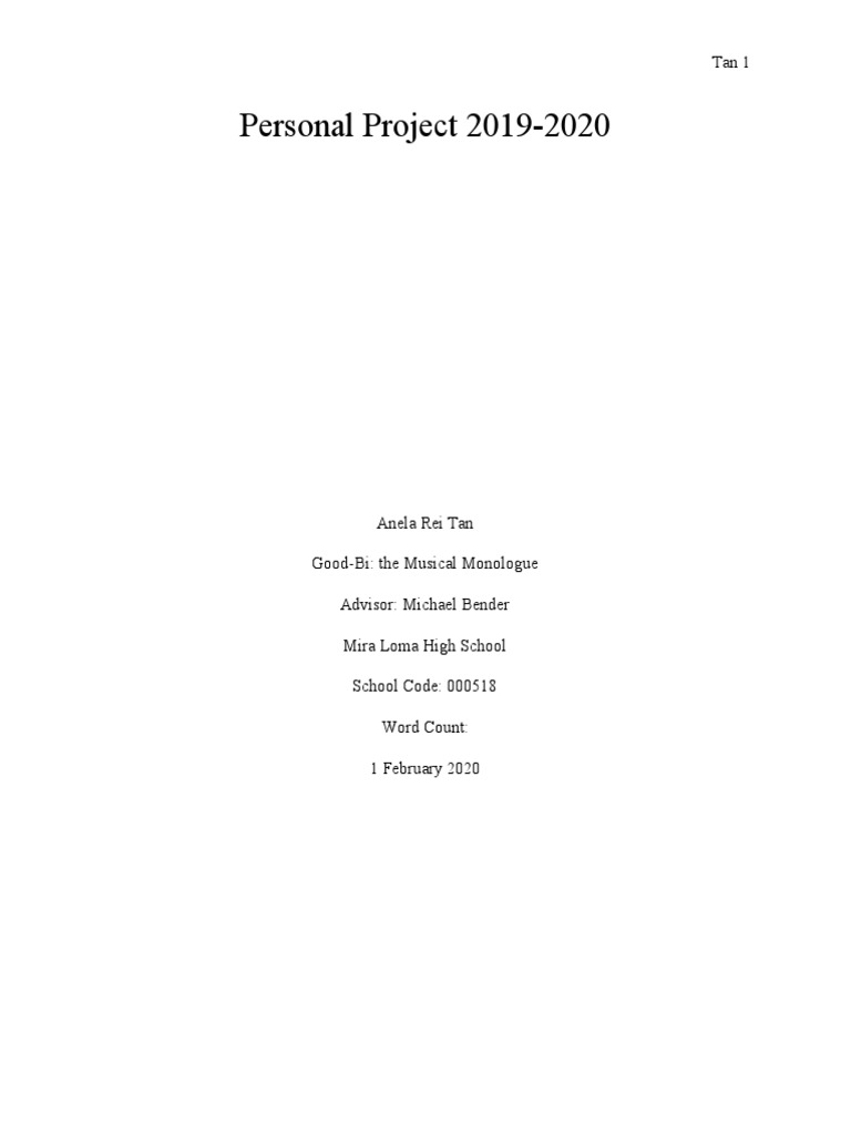 Anela Rei Tan MLHS MYP 2019-2020 Personal Project Report | PDF | Monologue