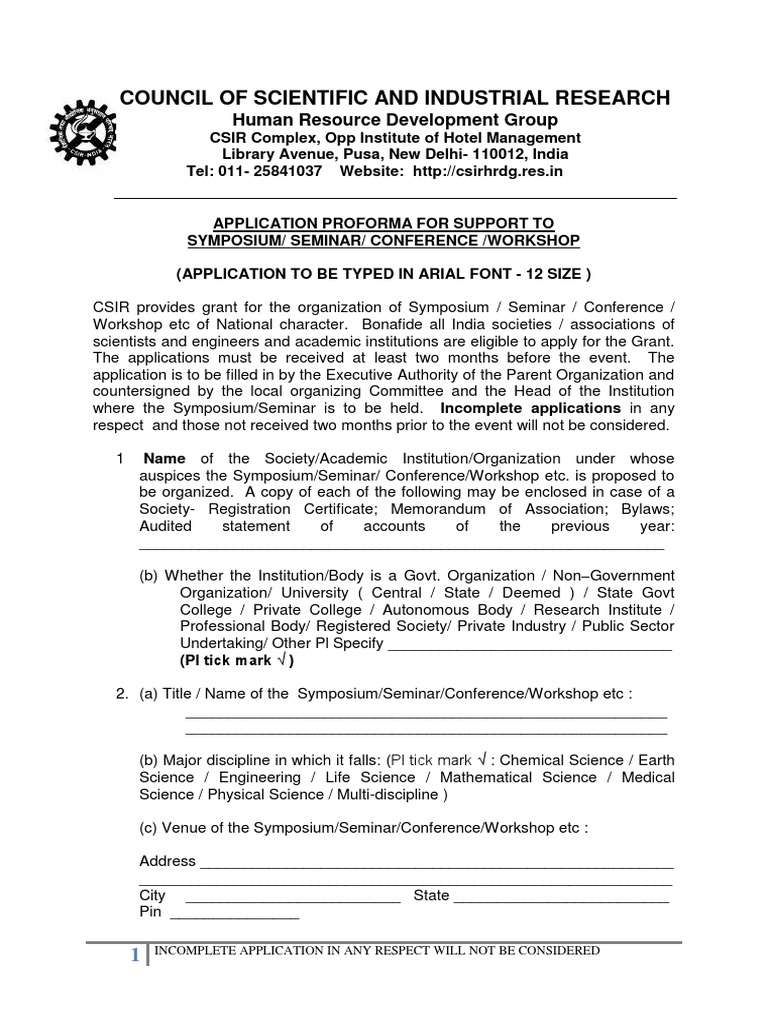 Application Form Funds For Seminars Etc From CSIR | PDF | Cheque ...