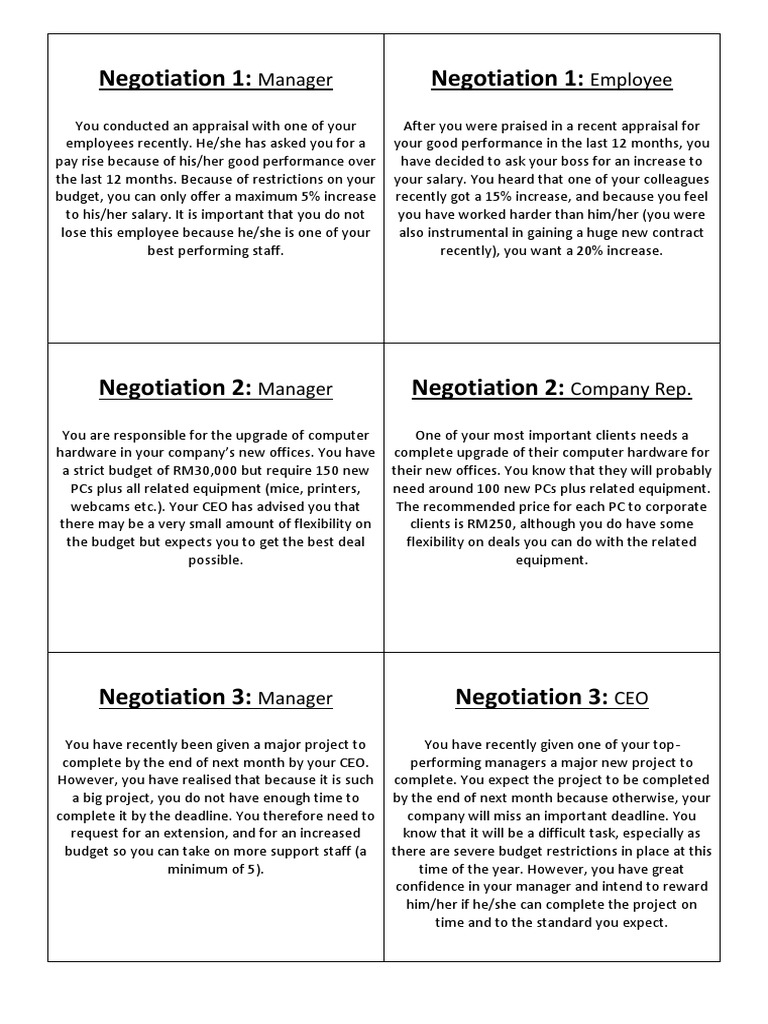 Negotiations Role Cards | PDF | Negotiation | Personal Computers