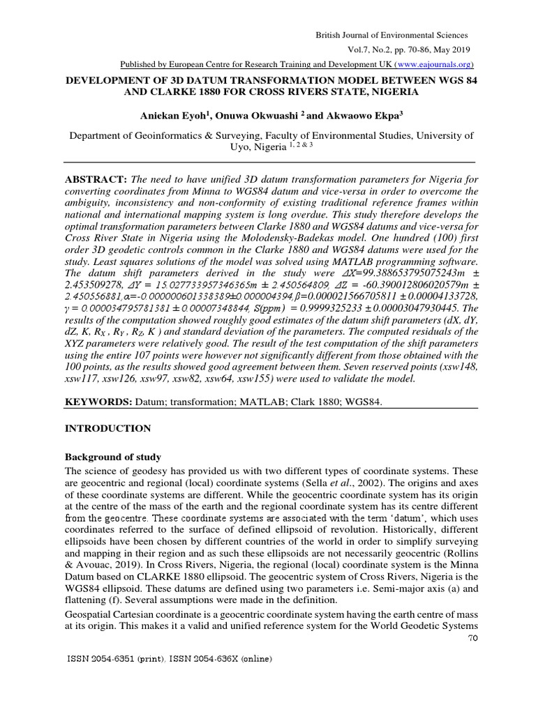Development of 3d Datum Transformation Model Between WGS 84 and Clarke 1880 For Cross Rivers ...