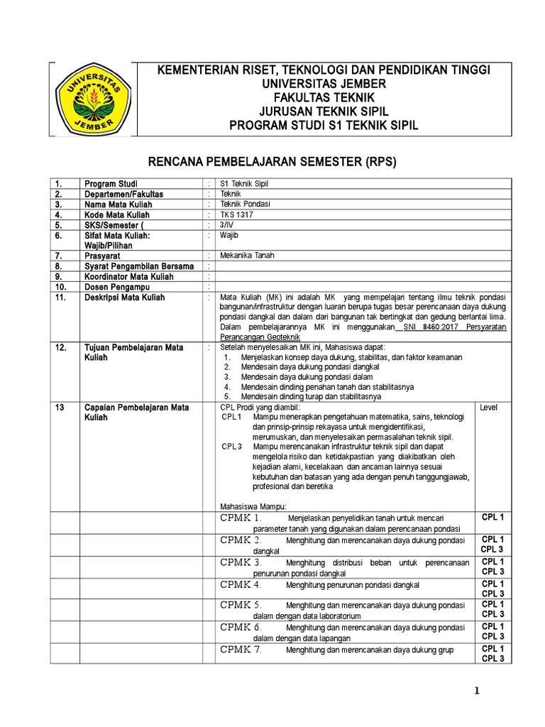 RPS-RPM OBE - Teknik Pondasi | PDF