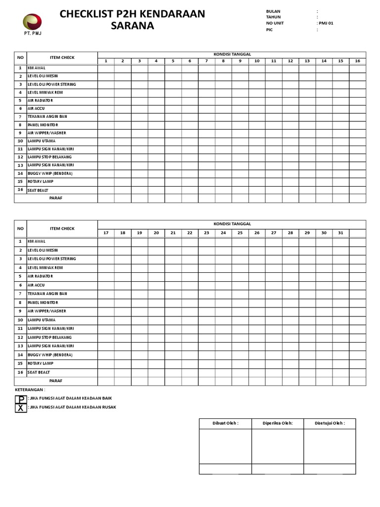 Checklist P2H Kendaraan Sarana | PDF