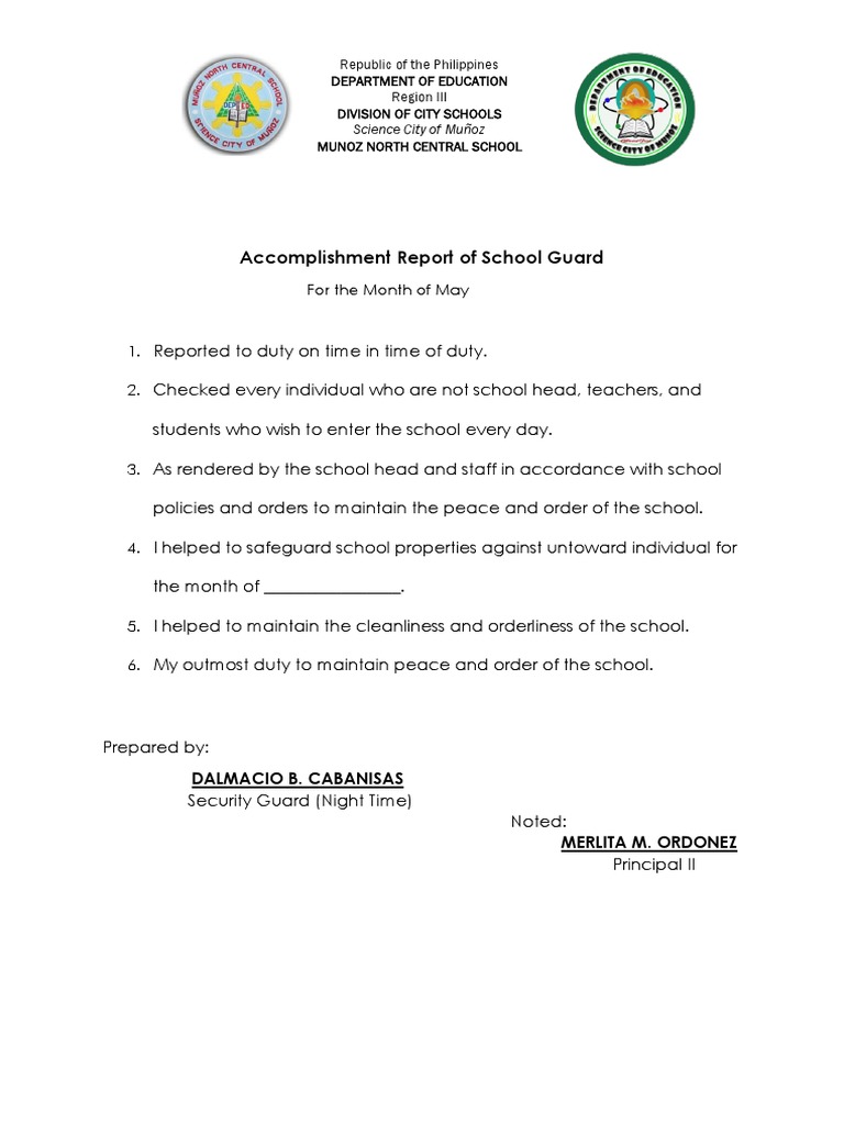 Accomplishment Report of School Guard | PDF | Schools