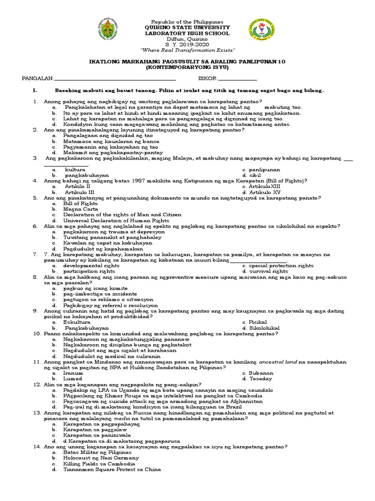 3rd Quarter Examination in Araling Panlipunan 10 | PDF