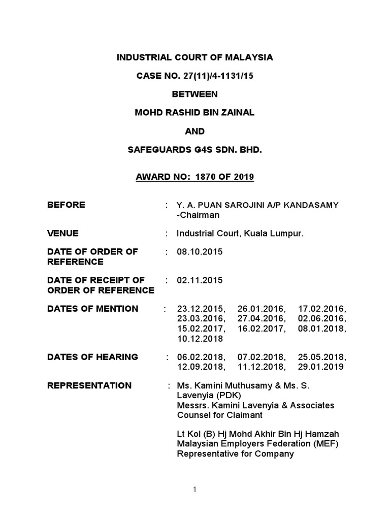 AWARD - 30570 Rashid Zainal v. SG4S | PDF | Burden Of Proof (Law) | Virtue