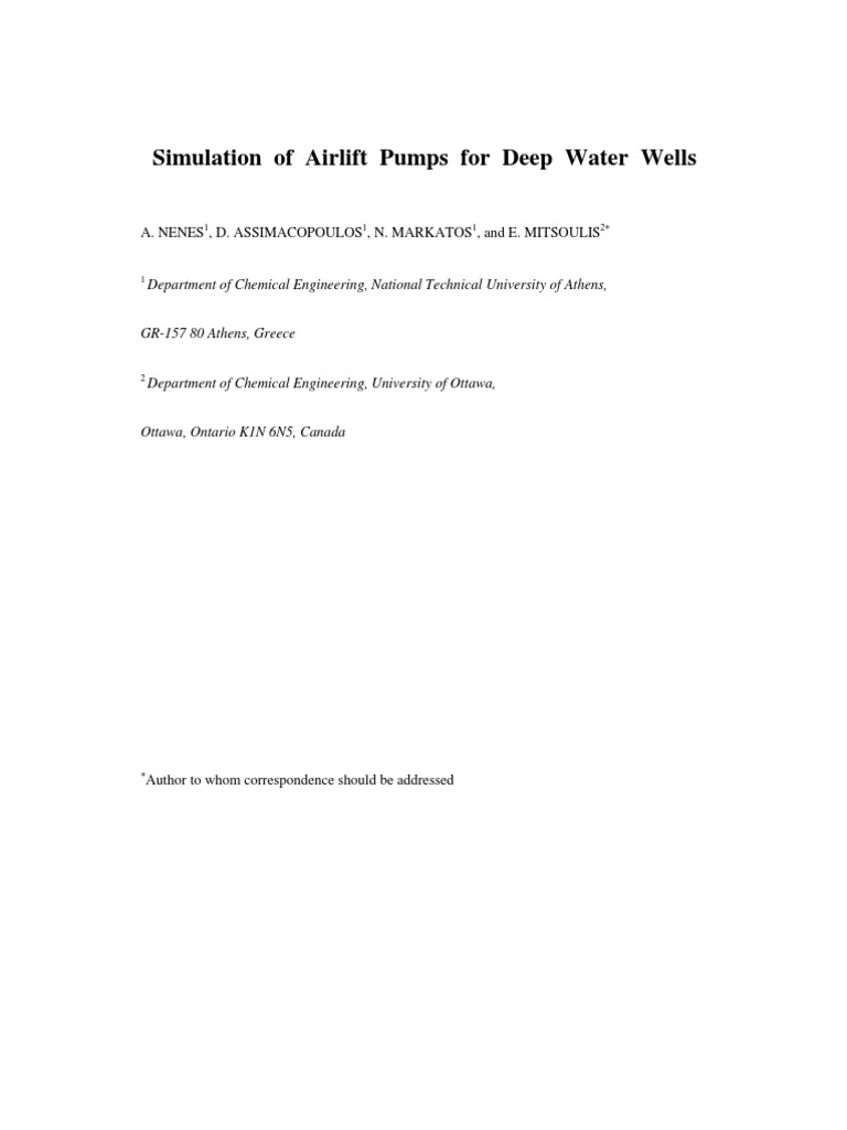 Simulation of Airlift Pumps For Deep Water Wells: A. Nenes, D ...