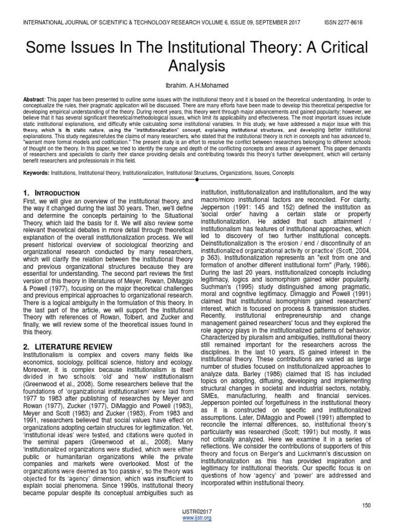 Some Issues in The Institutional Theory A Critical Analysis | PDF ...