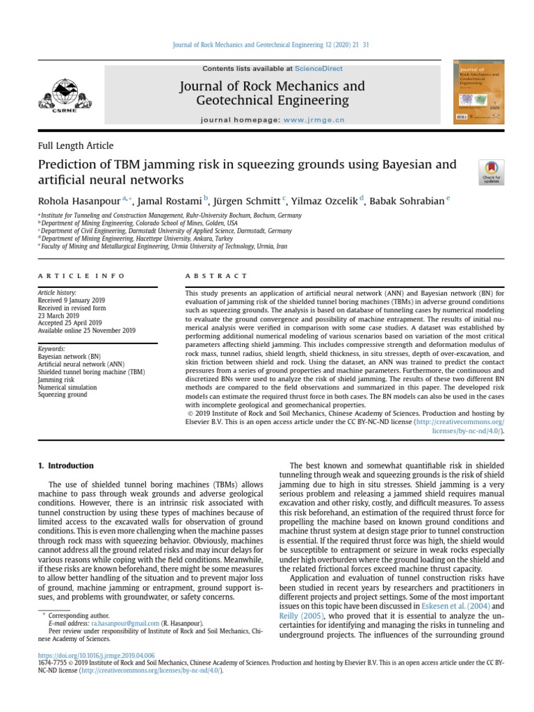Prediction of TBM Jamming Risk in Squeezing Grounds Using Bayesian and Artificial Neural ...