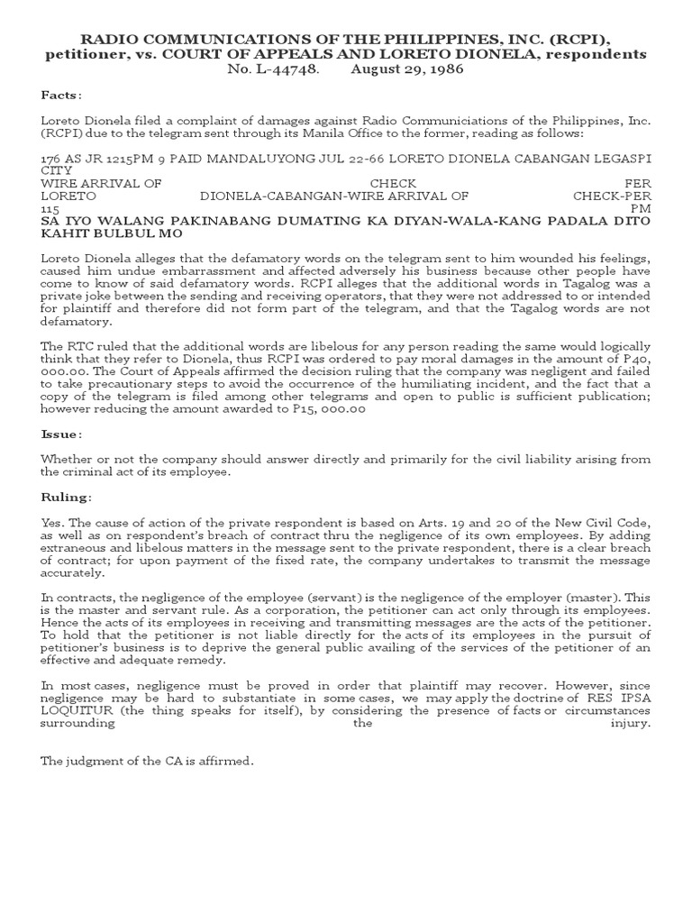 RCPI liable for employee's defamatory telegram addition | PDF