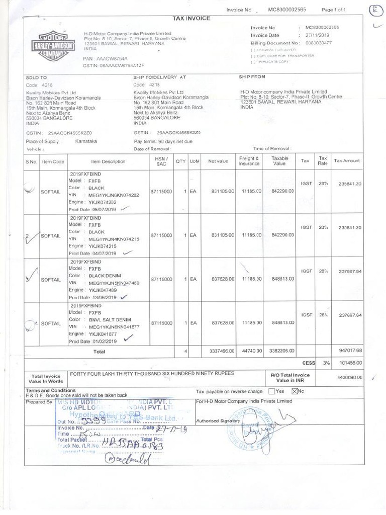 Bike Purchase Invoice PDF | PDF