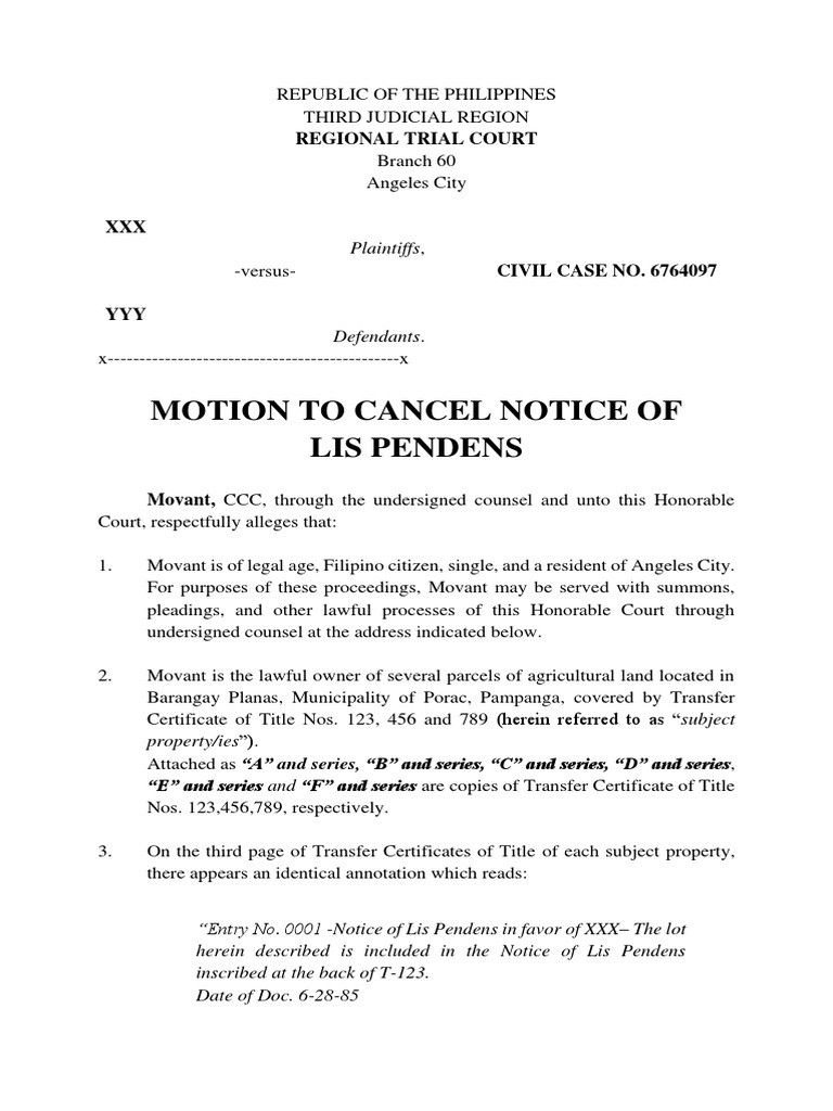 MOTION TO CANCEL LIS PENDENS Sample | PDF